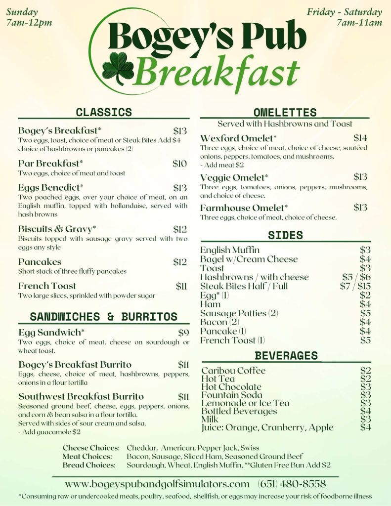 Menu - Bogey's Pub and Golf Simulators